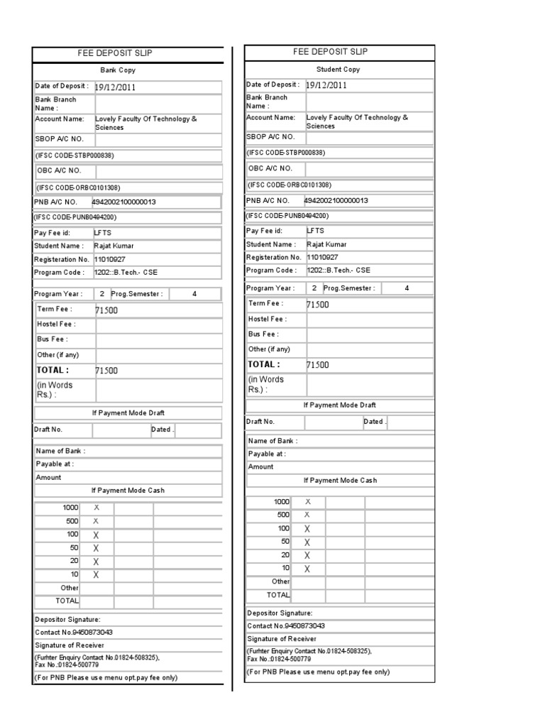 R PT Student Fee Deposit Slip | PDF | Deposit Account | Services ...