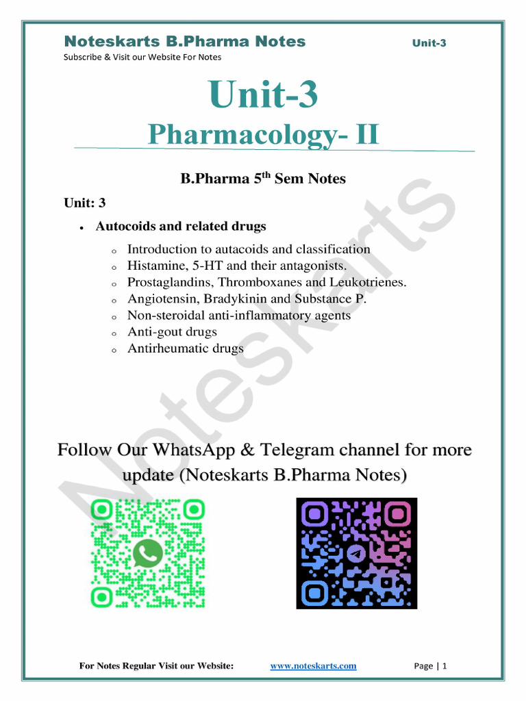 UNIT 3 B.Pharma 5th Sem Pharmacology 2 by Noteskarts | PDF