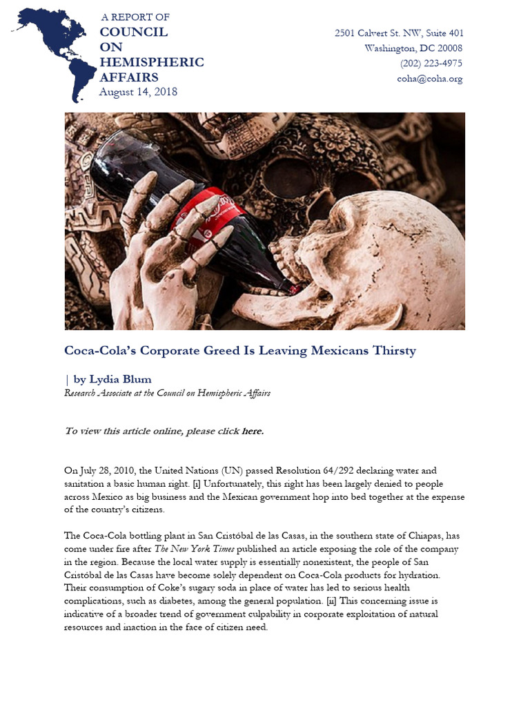 Lydia Blum - Coca Cola's Corporate Greed | PDF | Coca Cola | Mexico