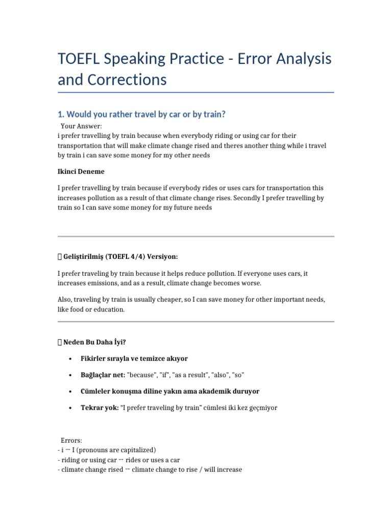 TOEFL Speaking Error Analysis | PDF