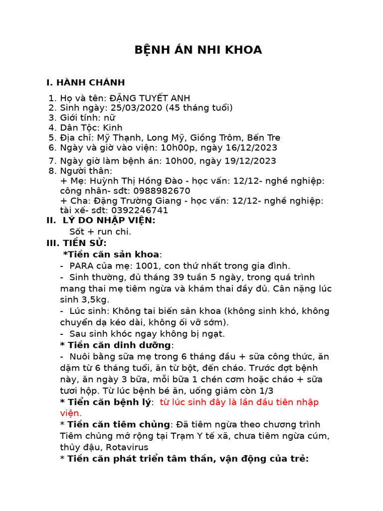 Bệnh Án Bình Tay Chân Miệng Bác Trang Y5 TV K19 | PDF