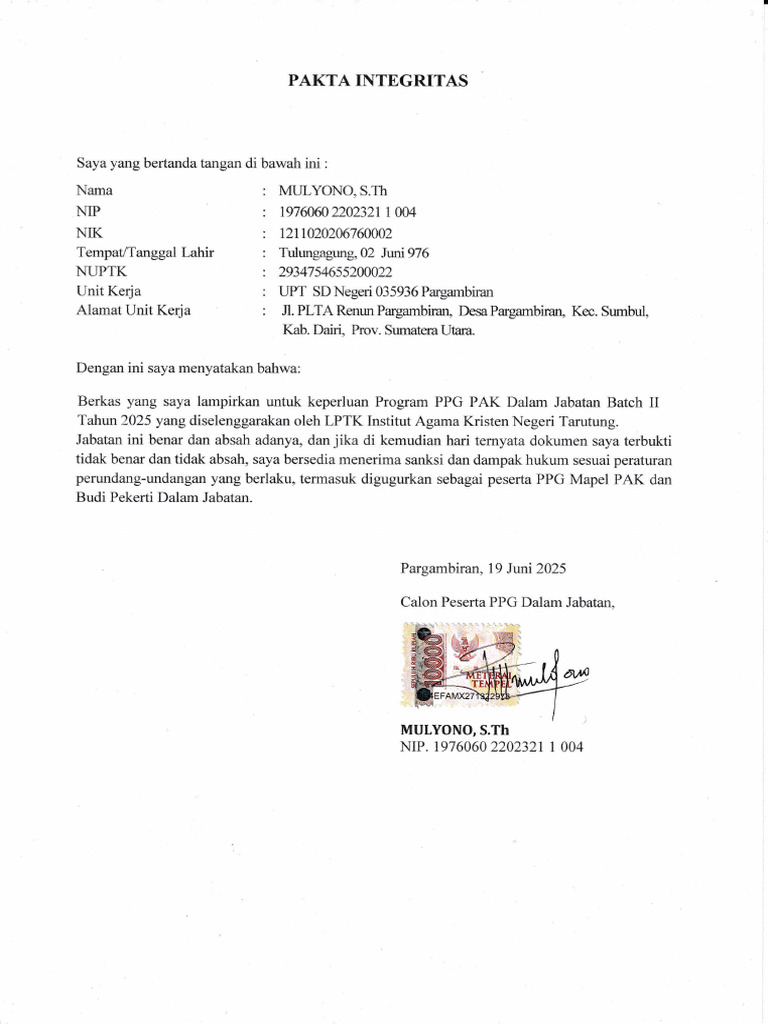 Pakta Integritas Mulyono | PDF