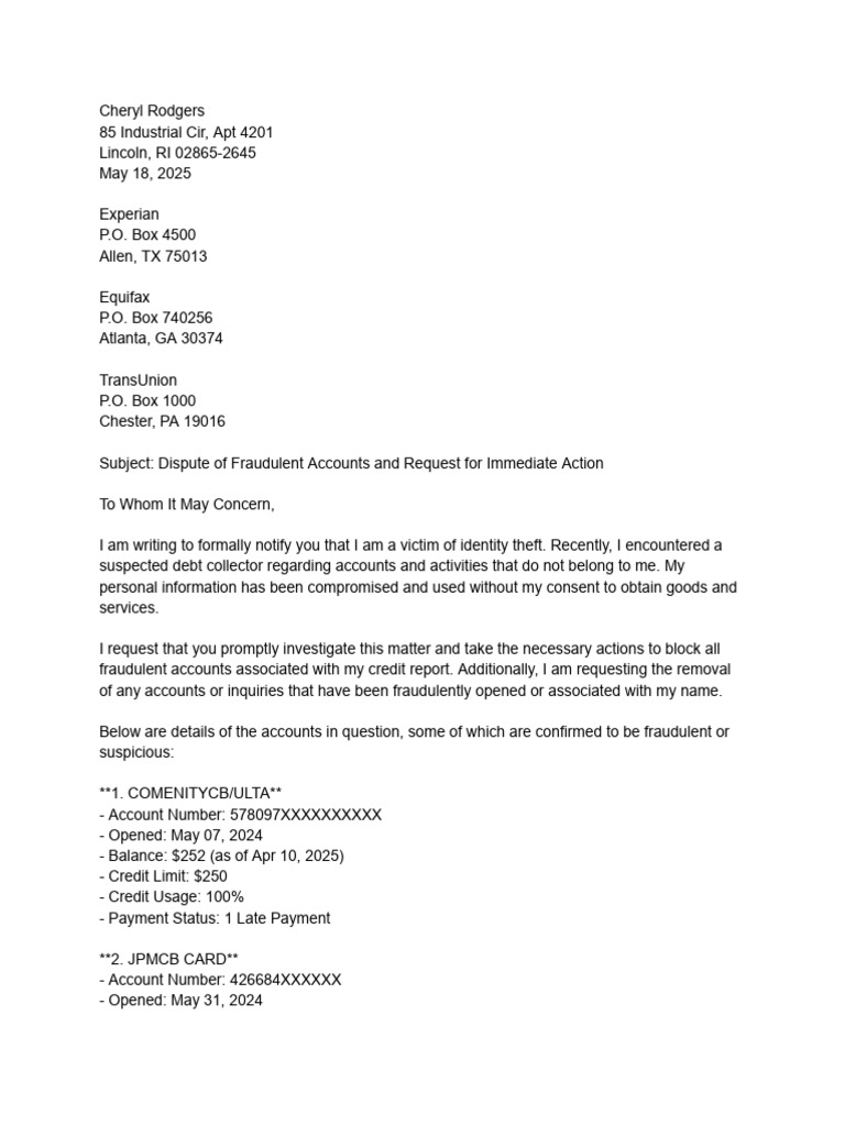 Cheryl Notice To Credit Bireaus | PDF