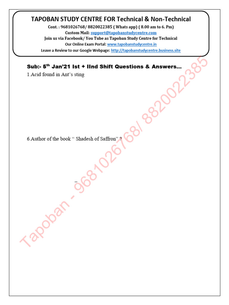 5th Jan RRB Questions Answers PDF | PDF