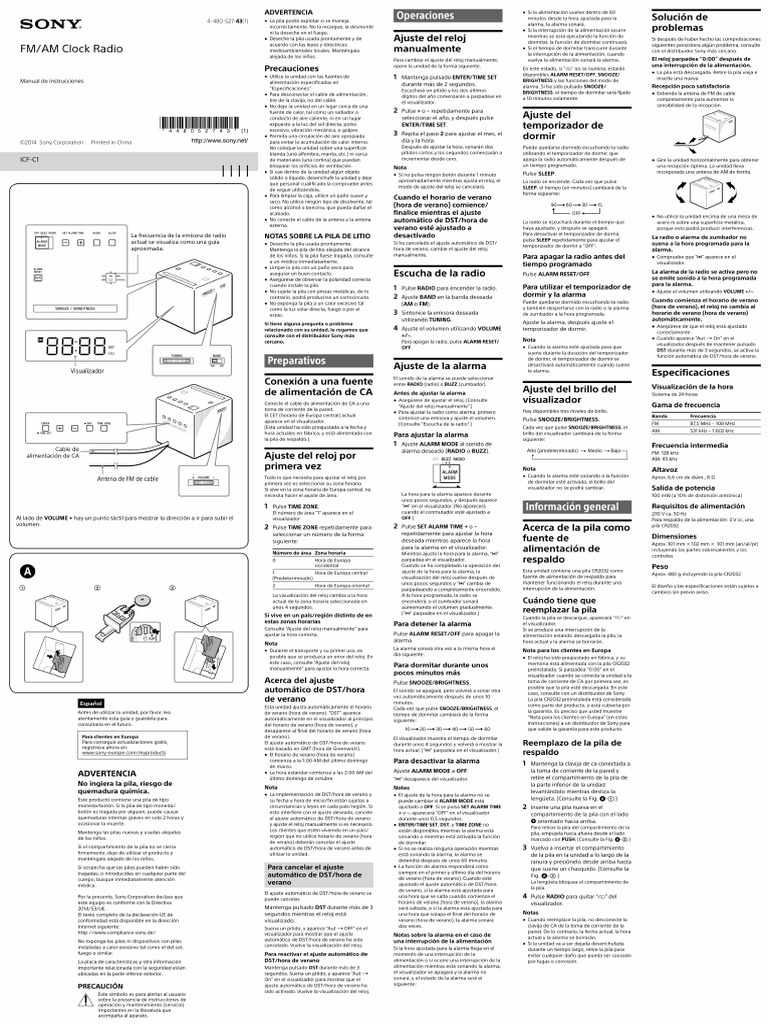 Manual Español Radio Reloj Sony ICF-C1 - Una Alarma | PDF