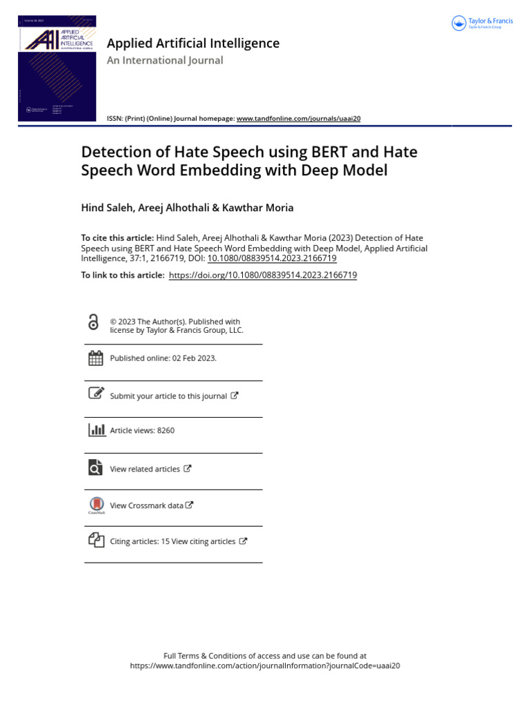 Detection of Hate Speech Using BERT and Hate Speech Word Embedding With Deep Model | PDF | Glove ...