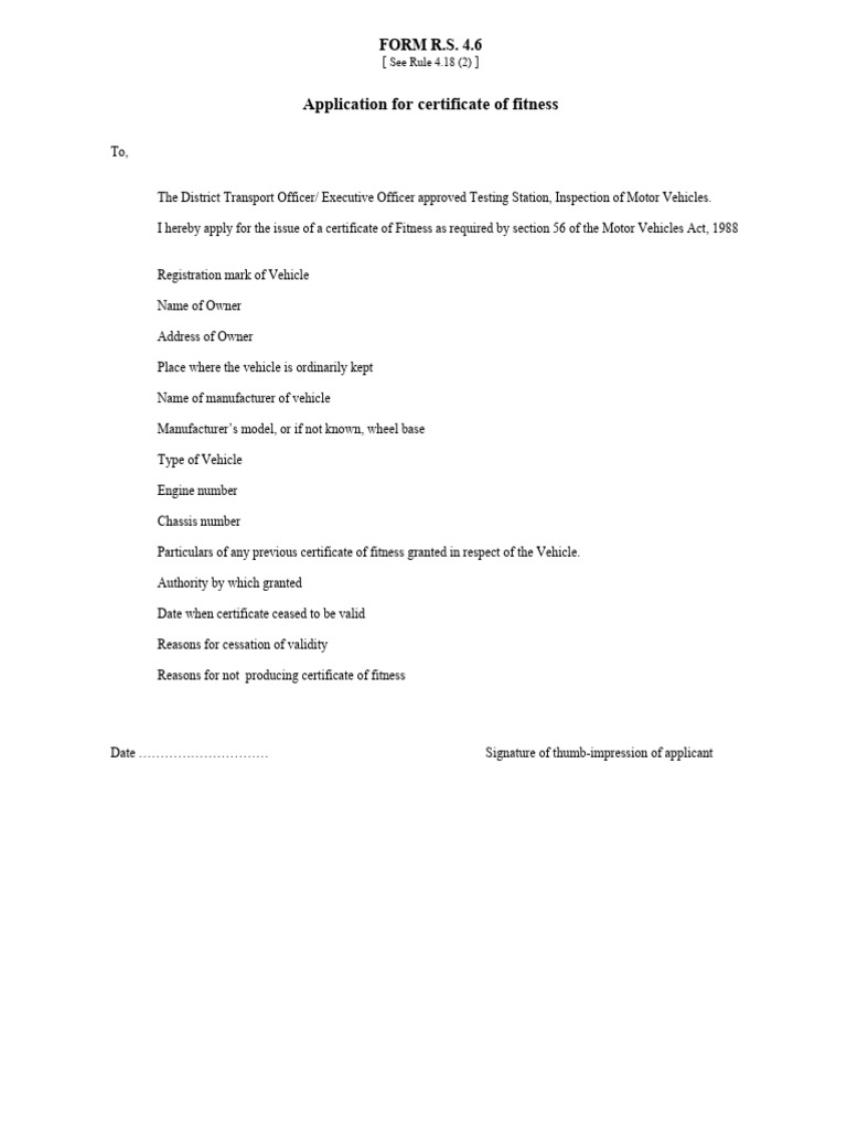Application for Vehicle Fitness Certificate | PDF