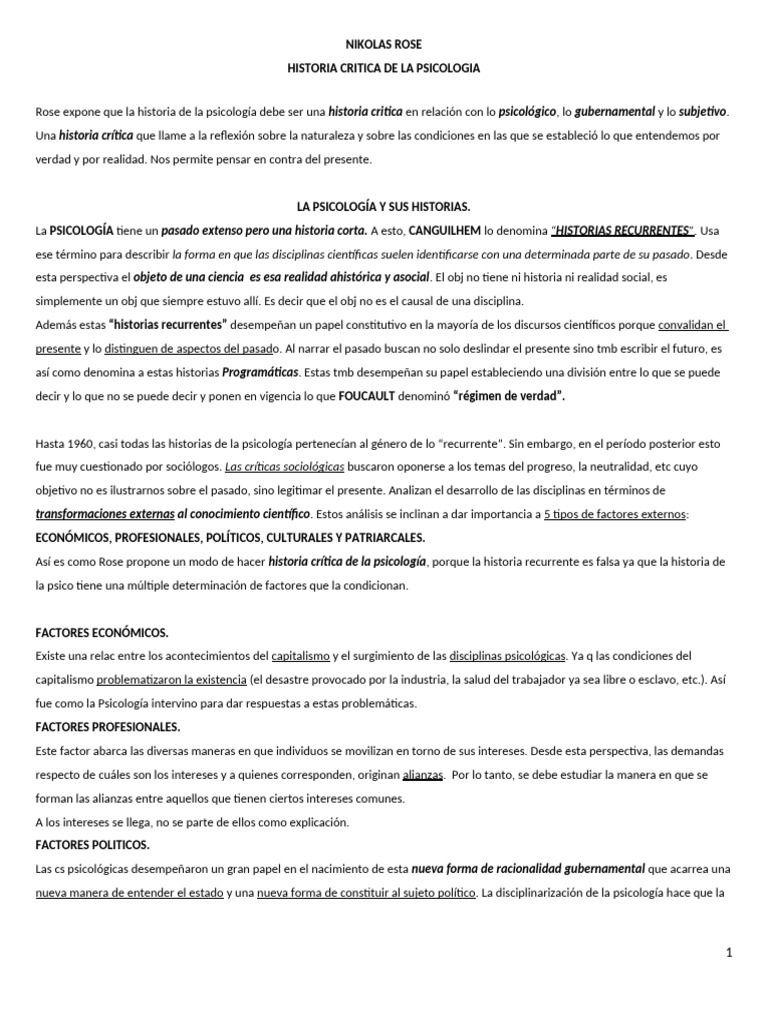 1.NIKOLAS ROSE Historia Cirtica de La Psicología | PDF | Sicología ...
