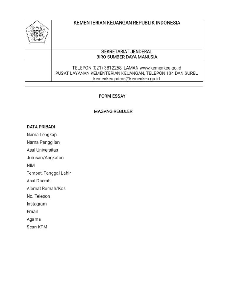 Form Essay Magang Kemenkeu | PDF