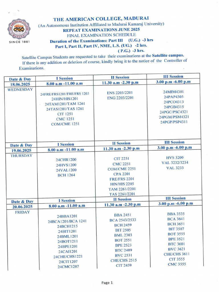 Repeat Examinations June 2025 Final Examination Schedule (Main Campus ...