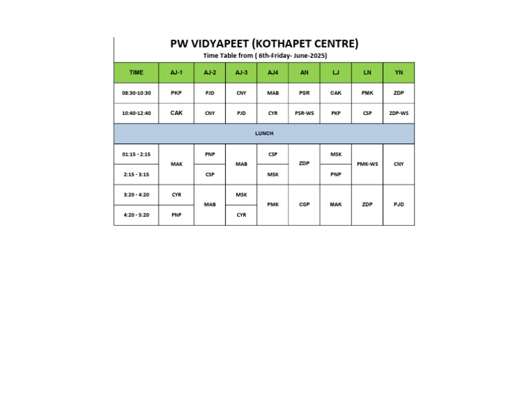 June 2025 Time Table Schedule | PDF