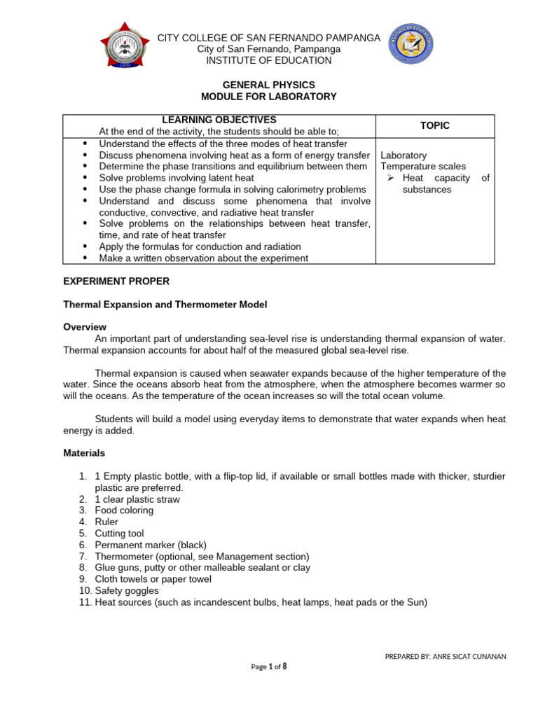 Thermal Expansion General Physics Laboratory Experiment | PDF | Heat Transfer | Sea Level