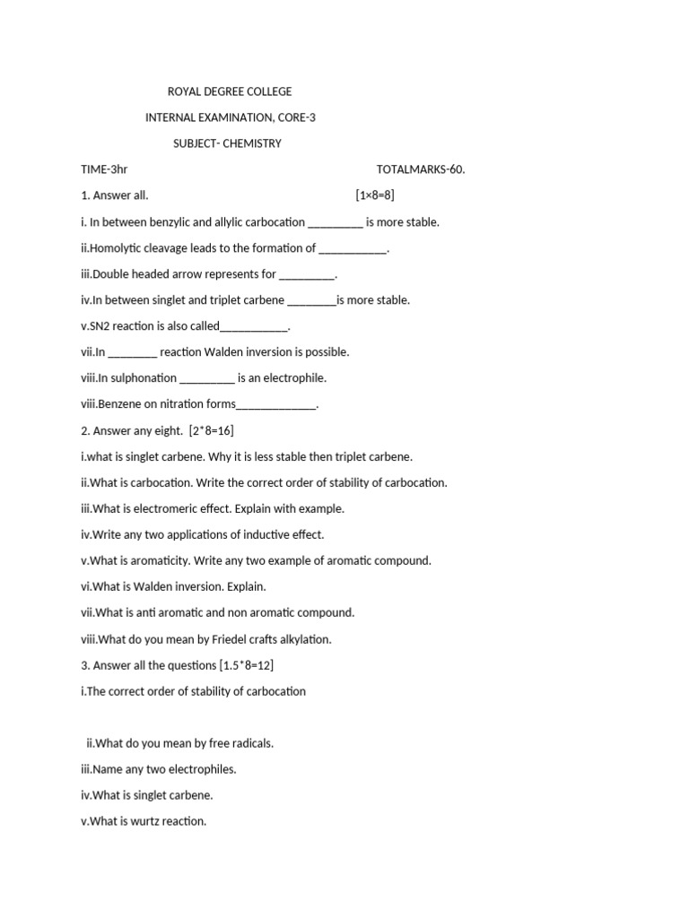 Chemistry Internal Exam Questions | PDF