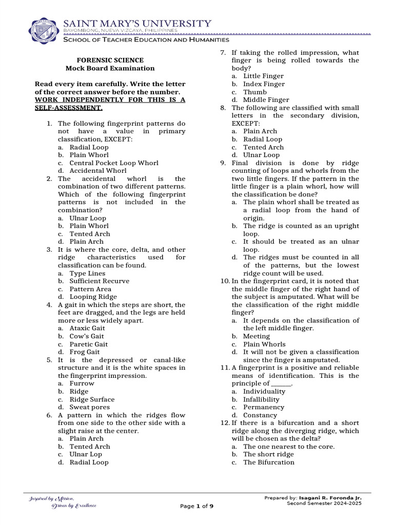 Forensic Science Mock Board Exam | PDF | Fingerprint | Bullet