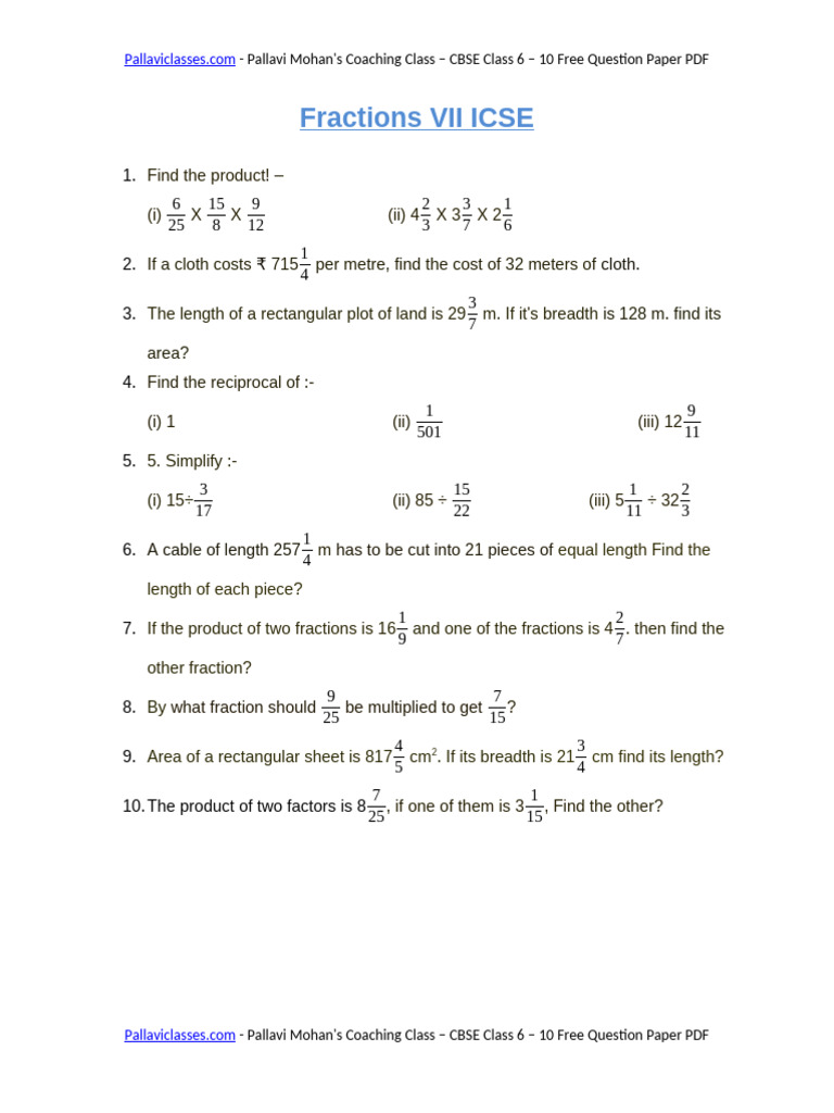 Fractions VII ICSE | PDF