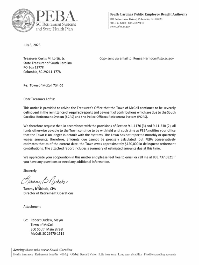 Letter To State Treasurer's Office Regarding McColl Delinquency | PDF
