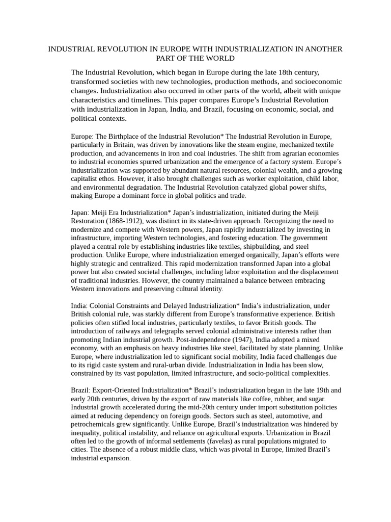 Industrial Revolution in Europe With Industrialization in Another Part ...