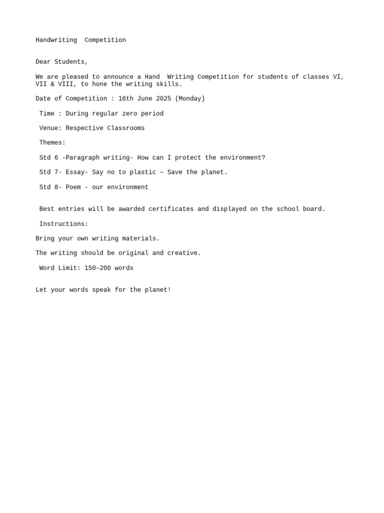 Handwriting Competition for Classes VI-VIII | PDF