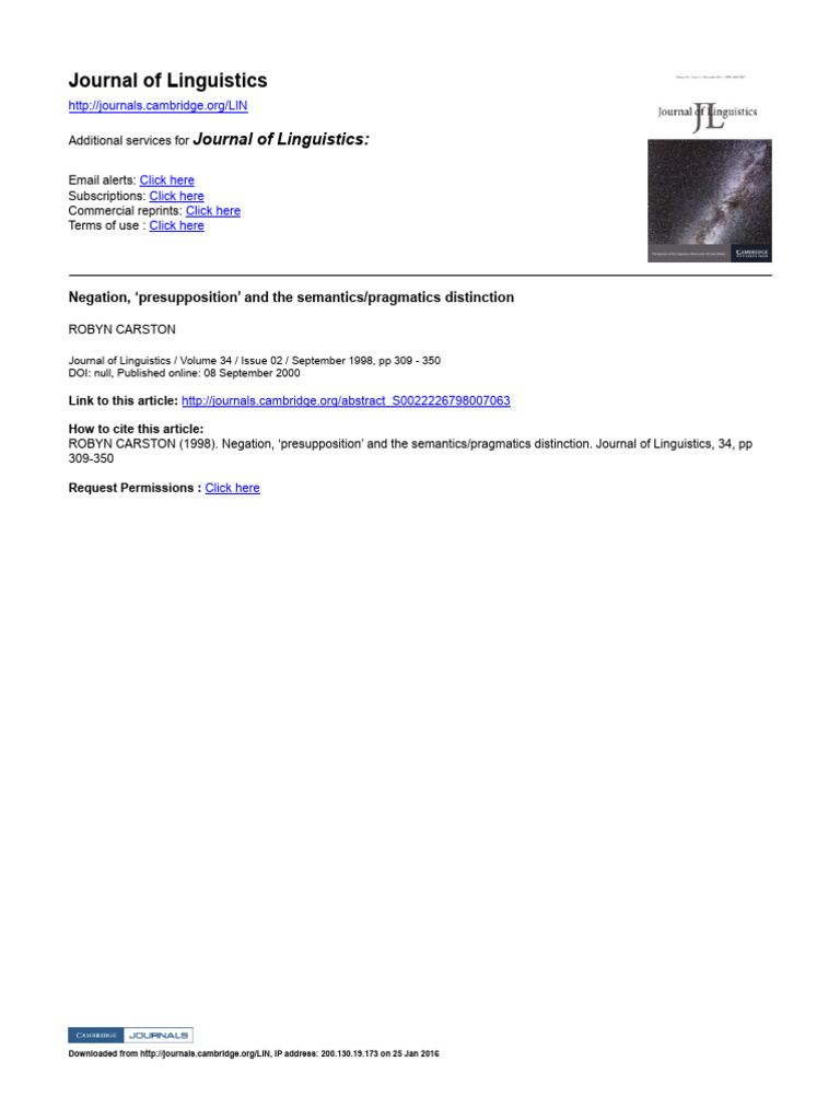 Carston (1998) Neg Presup Semantics Pragmatics Distinction | PDF ...
