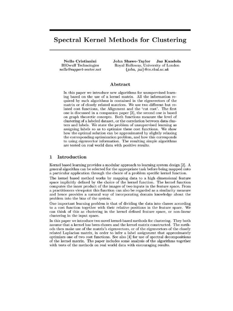 2002 Spectral Kernel Methods For Clustering | PDF | Eigenvalues And Eigenvectors | Cluster Analysis