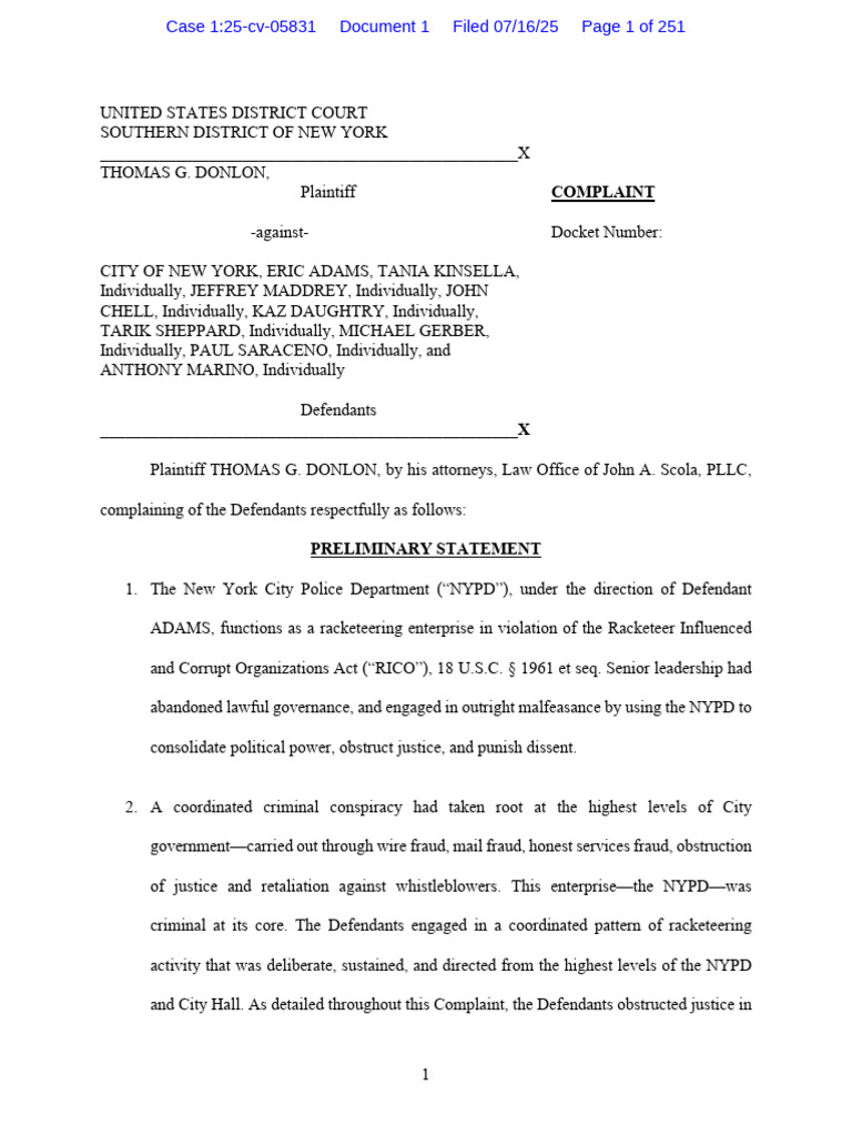 Thomas Donlon v. City of NY Adams Lawsuit | PDF | Racketeer Influenced ...