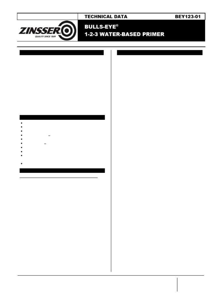 Bulls Eye 123 Water Based Primer Data Sheet | PDF | Paint | Materials