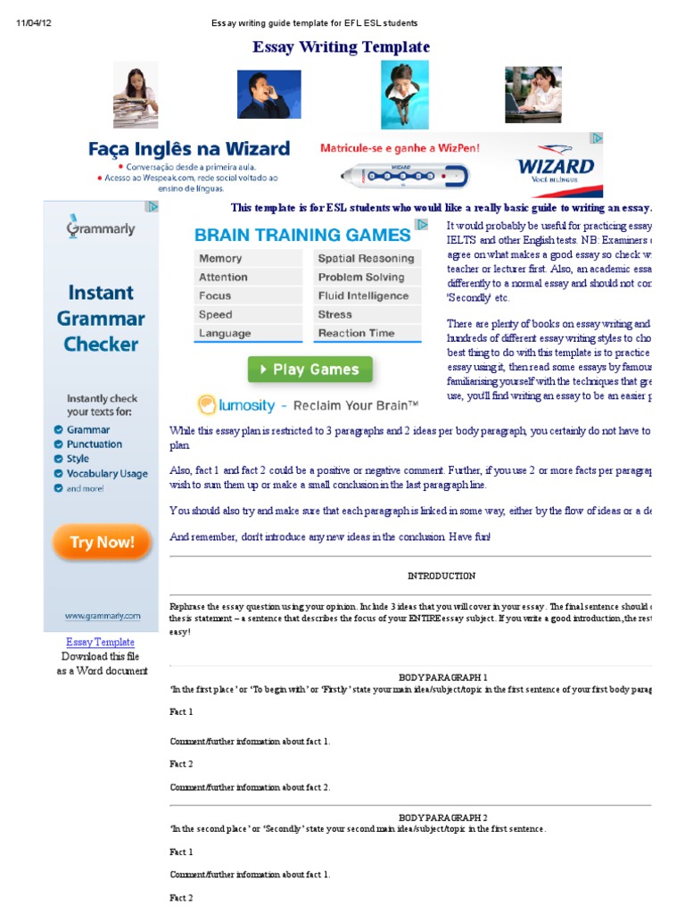 Essay Writing Guide Template For EFL ESL Students | PDF | Essays ...