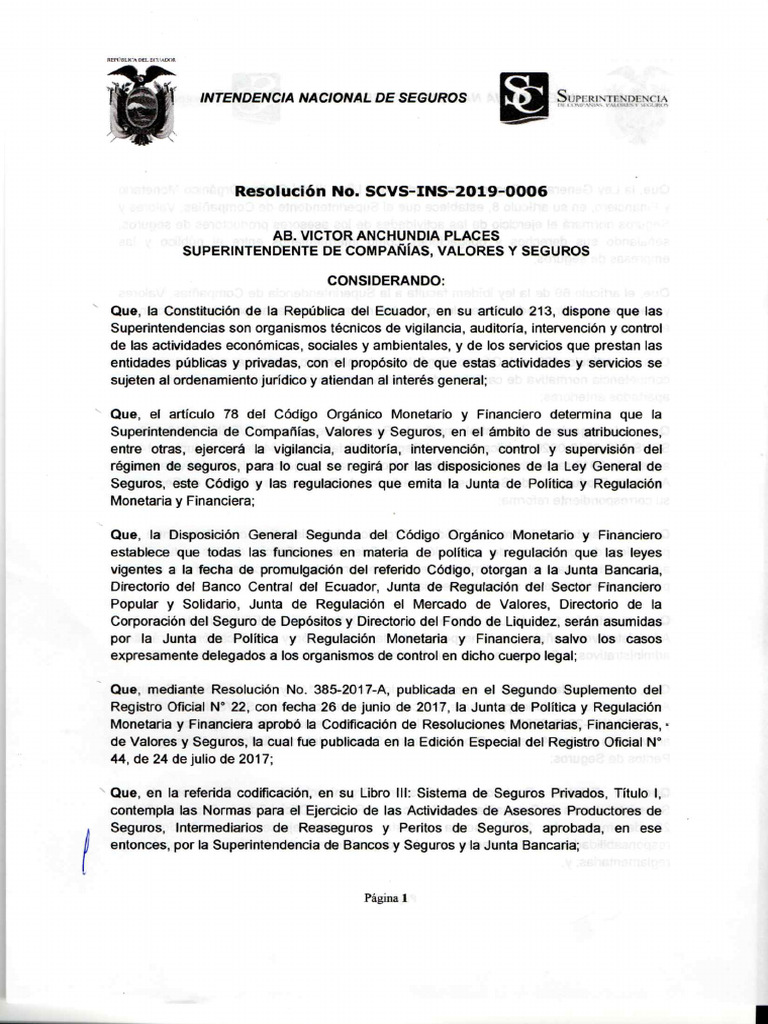 Scvs-Ins-2019-0006 Norma Ejercicios Peritos de Seguros - Intermediarios de Seguros y Reaseguros ...