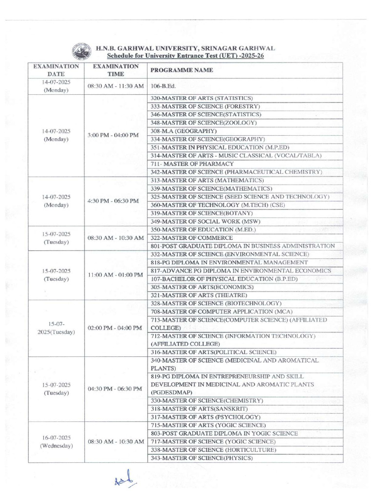 HNBGU EXAM Dates 2025 | PDF