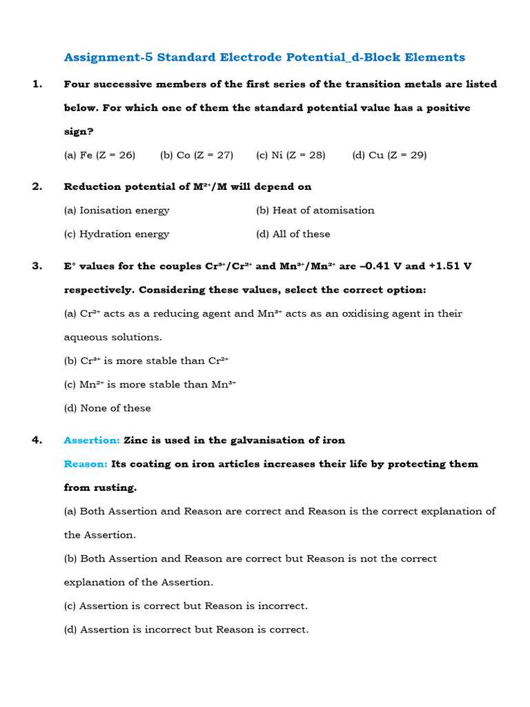 5. Assignment-5 Standard Electrode Potential_d-Block Elements | PDF ...