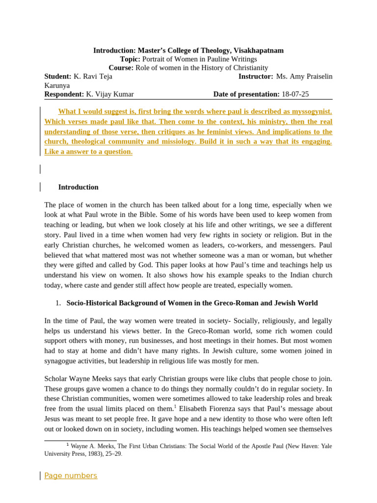Portrait of Women in Pauline Writings - Raviteja | PDF | Paul The Apostle | Jesus