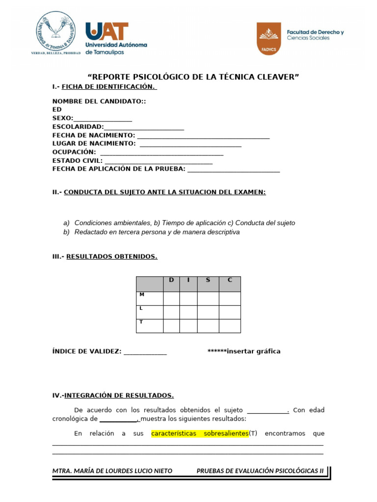 Reporte Psicologico de La Tecnica Cleaver | PDF | Sicología | Ciencias ...