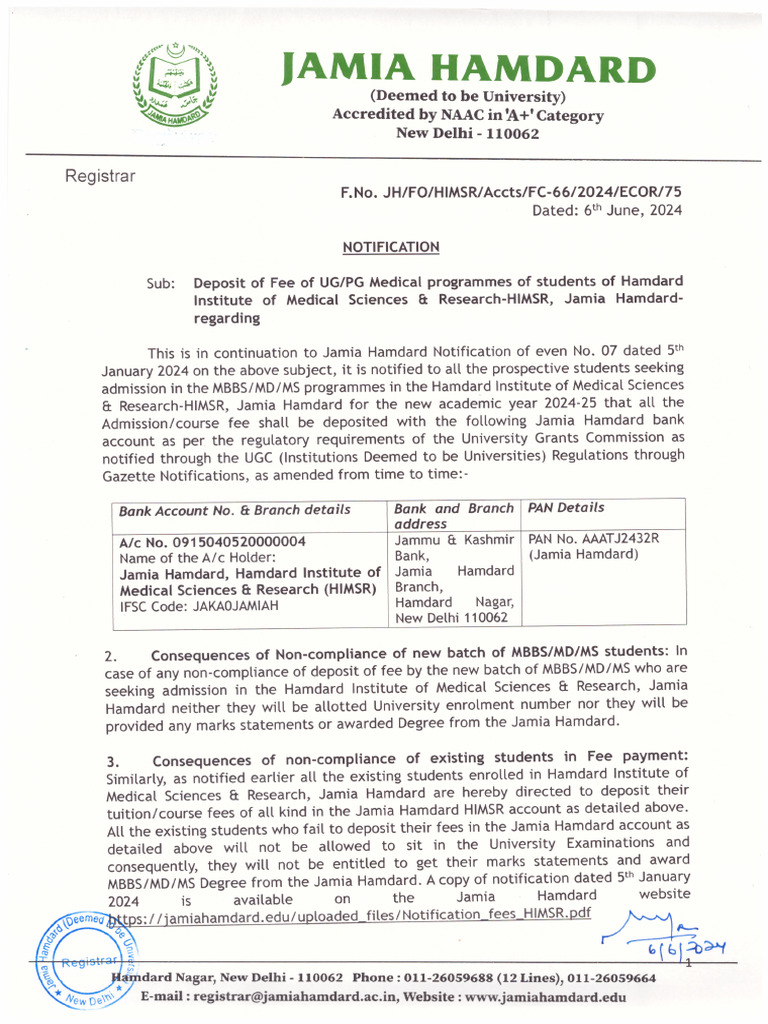 HIMSR Fee Payment Circular 6 Jun 2024 | PDF