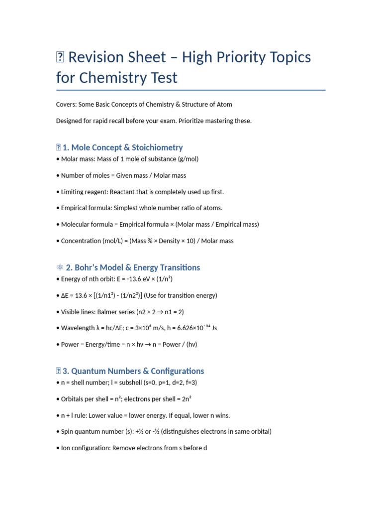 High Priority Chemistry Revision Sheet Aster | PDF