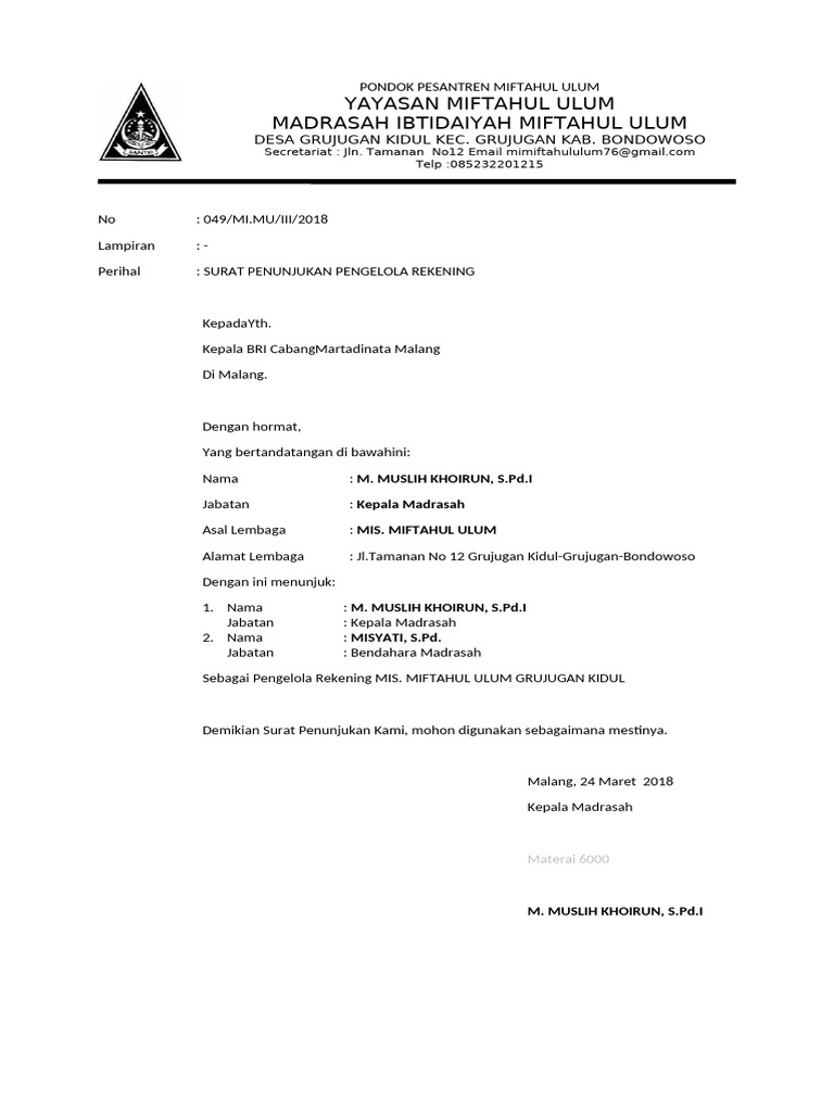 Contoh Surat Penunjukan Pengelola Rek | PDF