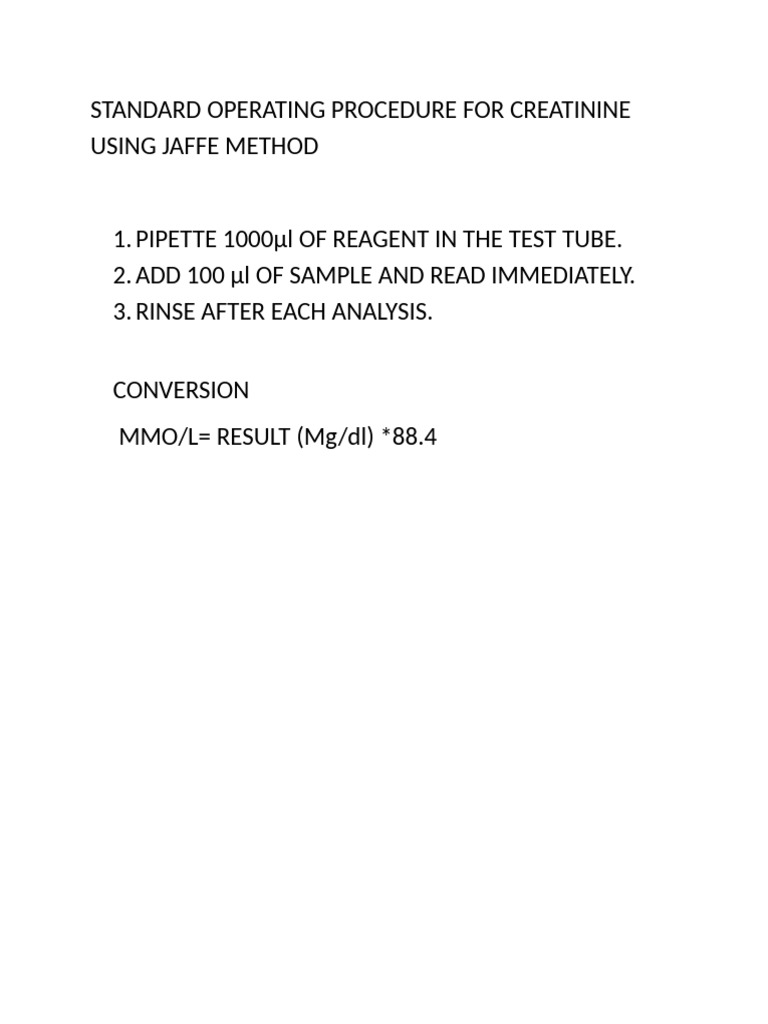 Standard Operating Procedure For Creatinine Using Jaffe Method | PDF