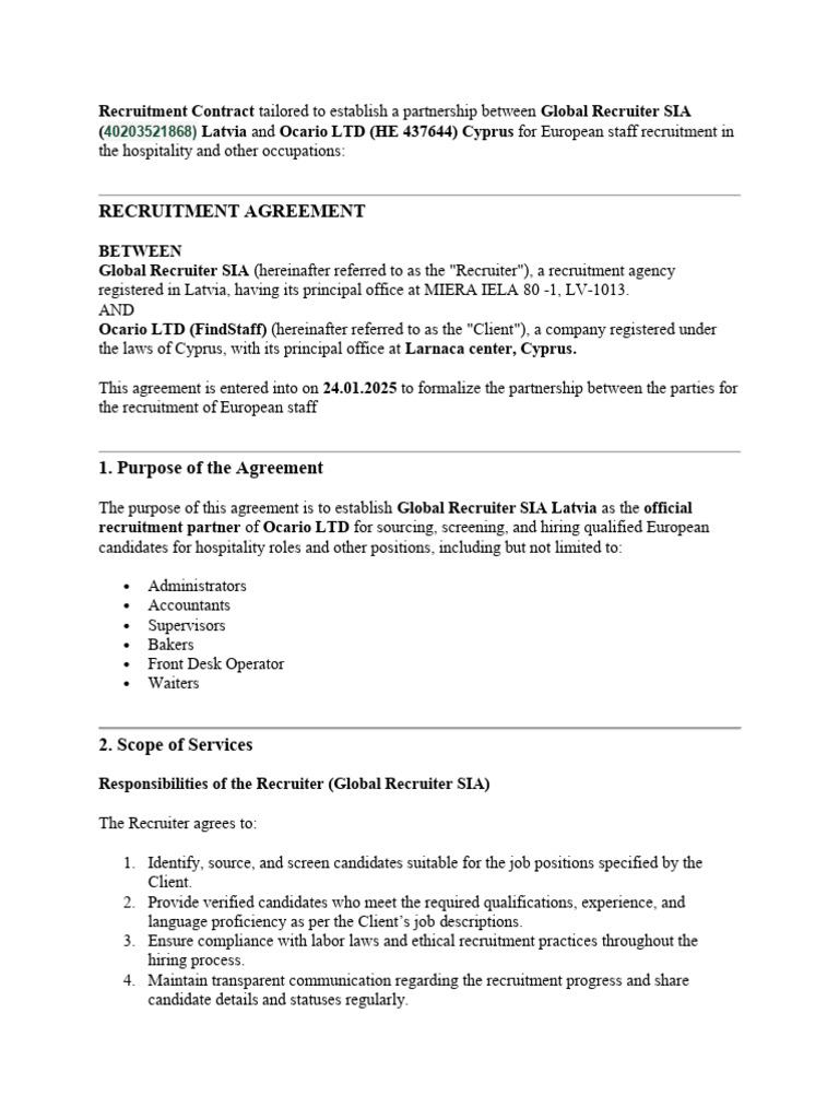 Recruitment Contract Tailored To Establish A Partnership Between Global ...