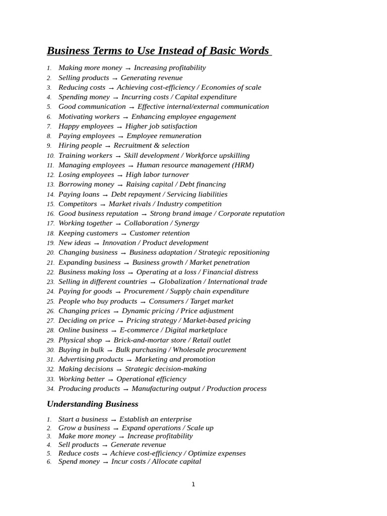 Business Terminology Enhancements | PDF | Employment | Pricing