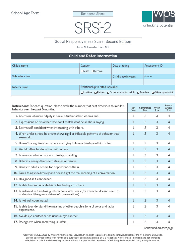 SRS School Age Form Response Sheet Fillable | PDF | Psychological ...