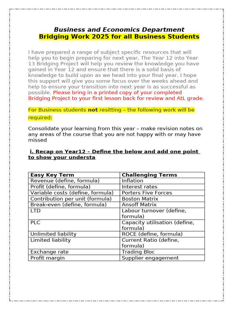 Y12 Bridging Work July 2025 Business | PDF | Economics | Business Economics