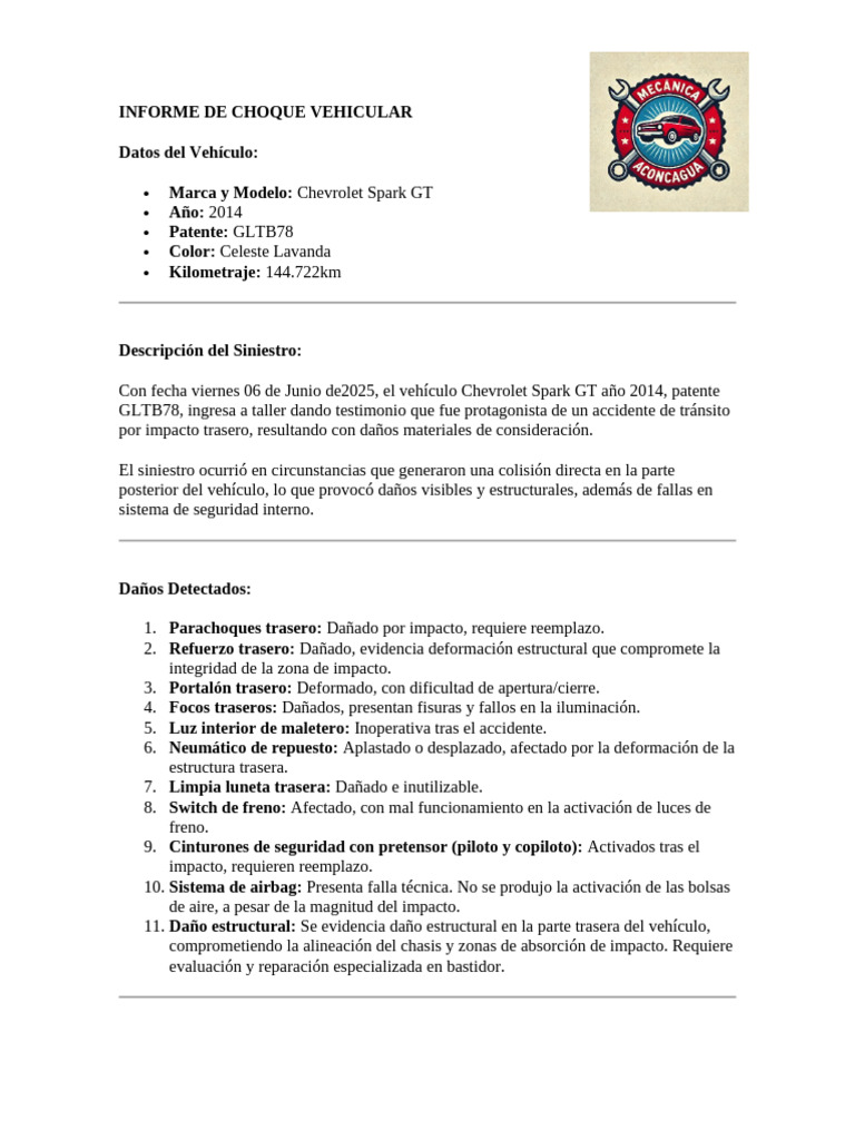 Informe Choque Spark Gltb78 | PDF | Airbag | Transporte