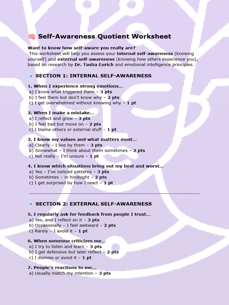 ? Self-Awareness Quotient Worksheet | PDF | Self Awareness | Emotions