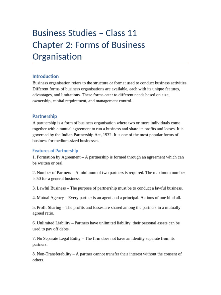 Chapter 2 Forms of Business Organisation Notes Full | PDF | Partnership ...