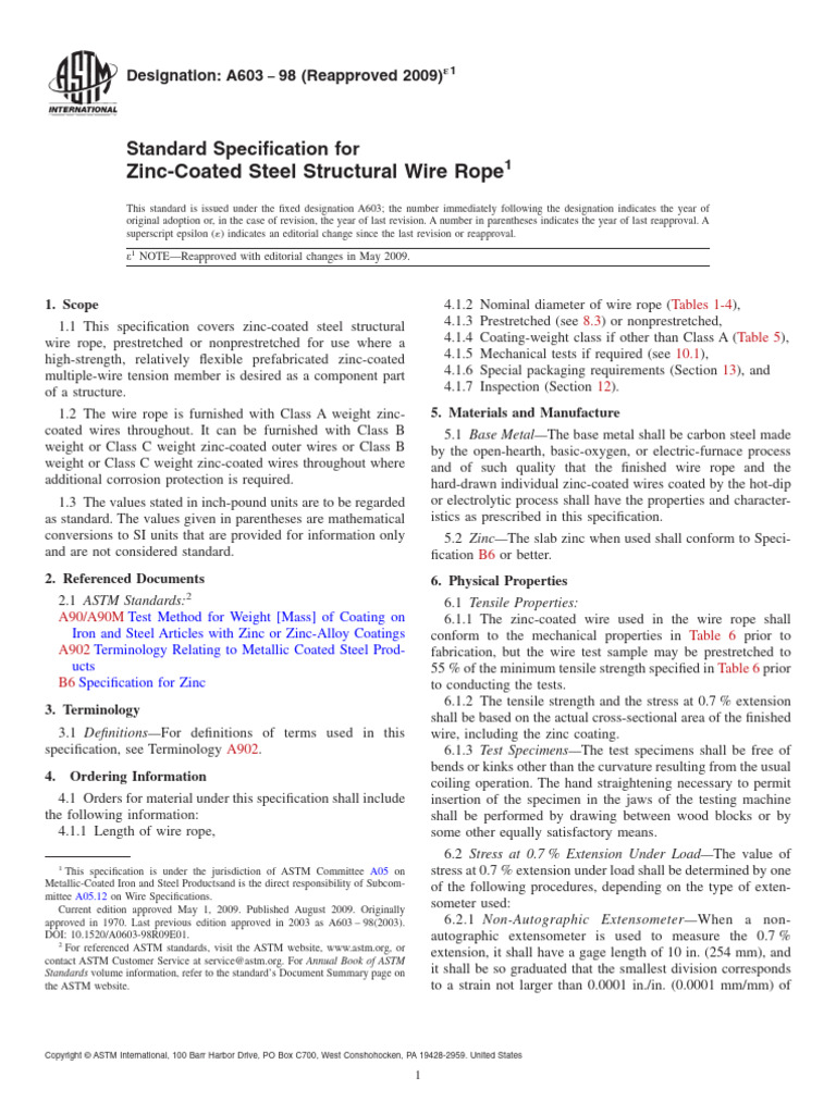 ASTM A603: Zinc-Coated Wire Rope Standards | PDF | Stress (Mechanics ...