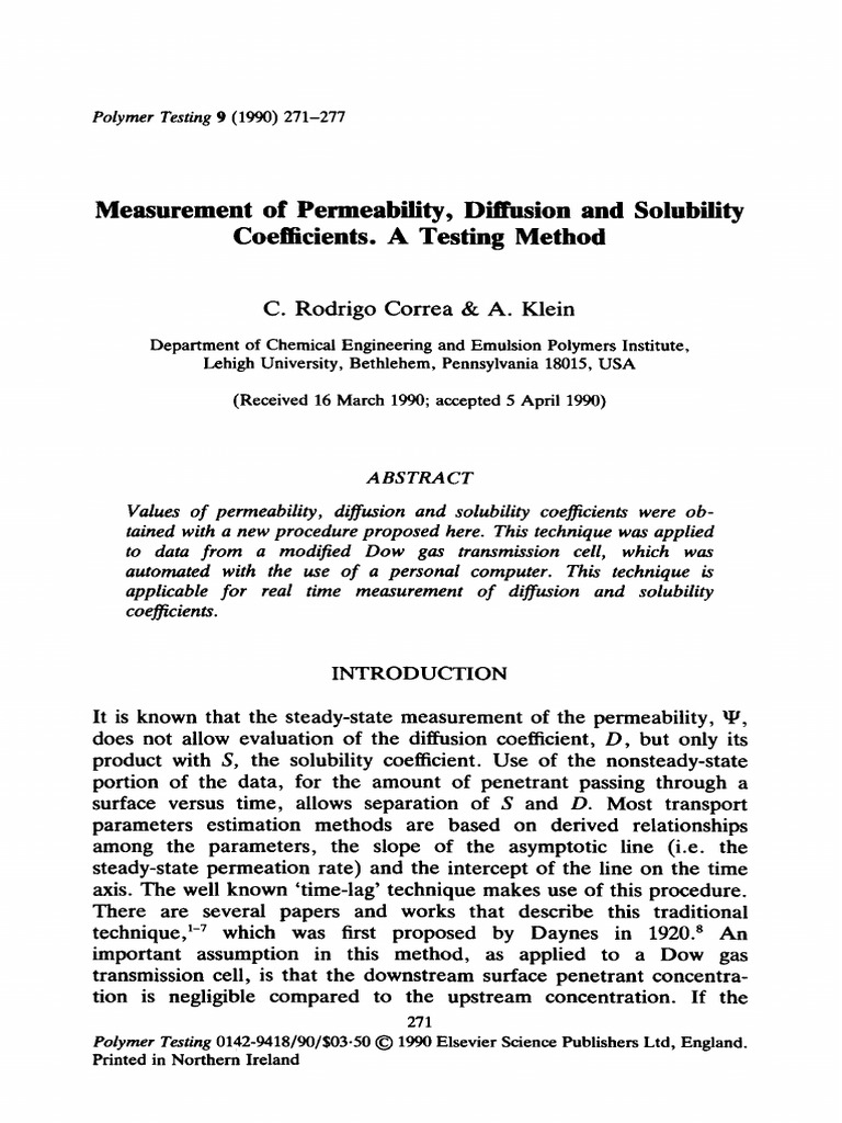Measurement of Permeability, Diffusion and Solubility Coefficients. A ...