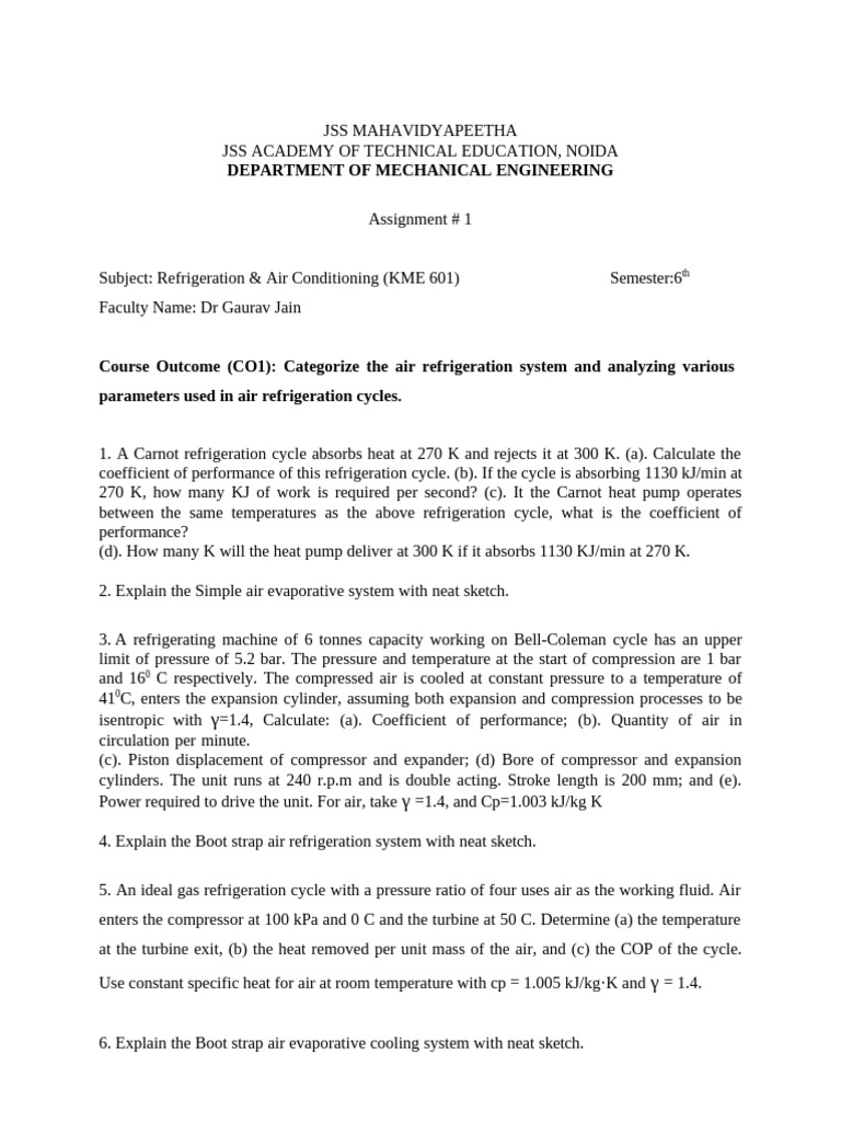 Assignments - Refrigeration & Air Conditioning-1-2 | PDF | Refrigeration | Thermodynamics