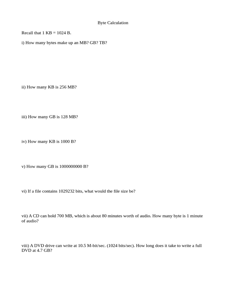Unit 3 - Activity 4 - Byte Calculation Worksheet | PDF