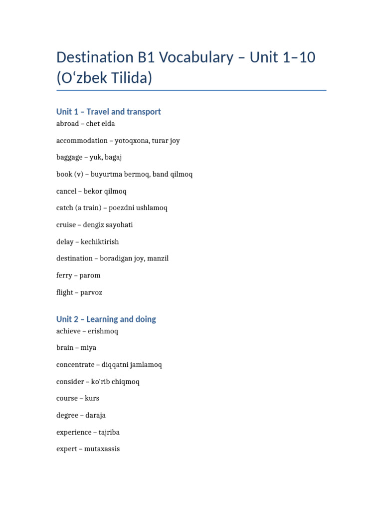 Destination B1 Vocabulary Unit 1 10 Uzbek | PDF