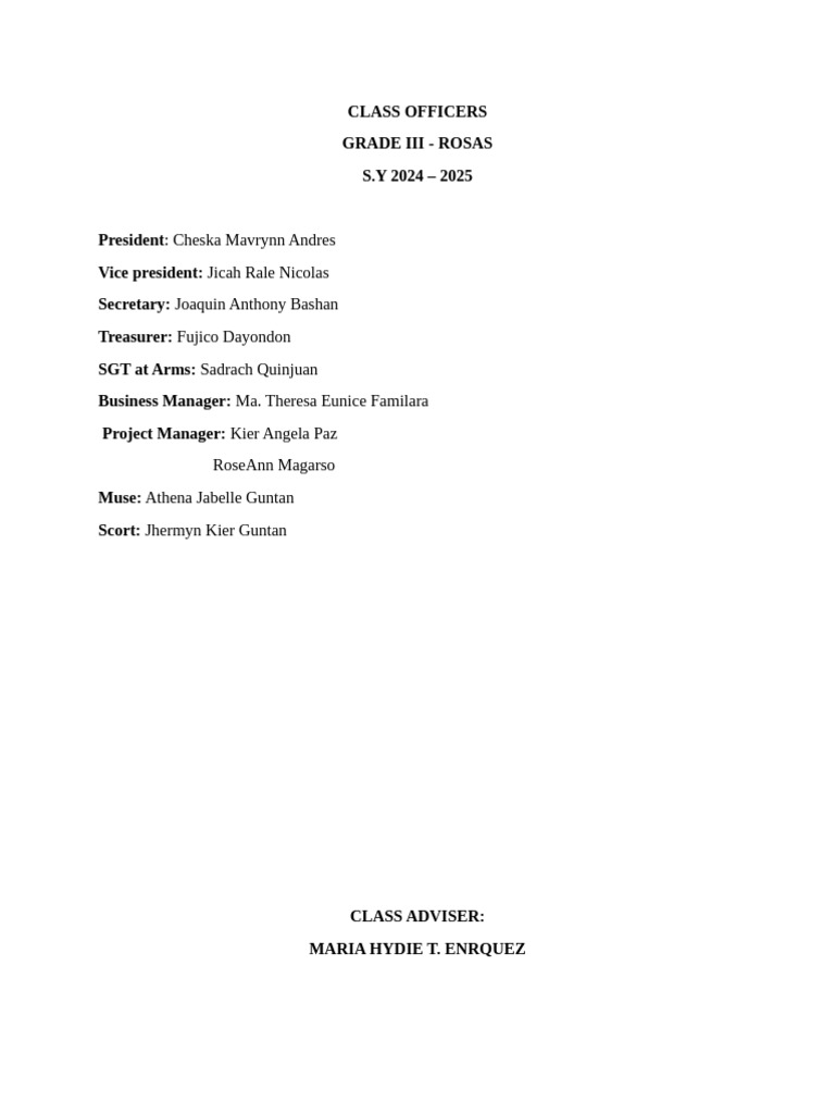 Grade III Rosas Class Officers 2024-2025 | PDF
