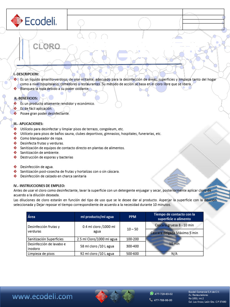 Ficha Técnica de Cloro al 6% | PDF | Cloro | Agua